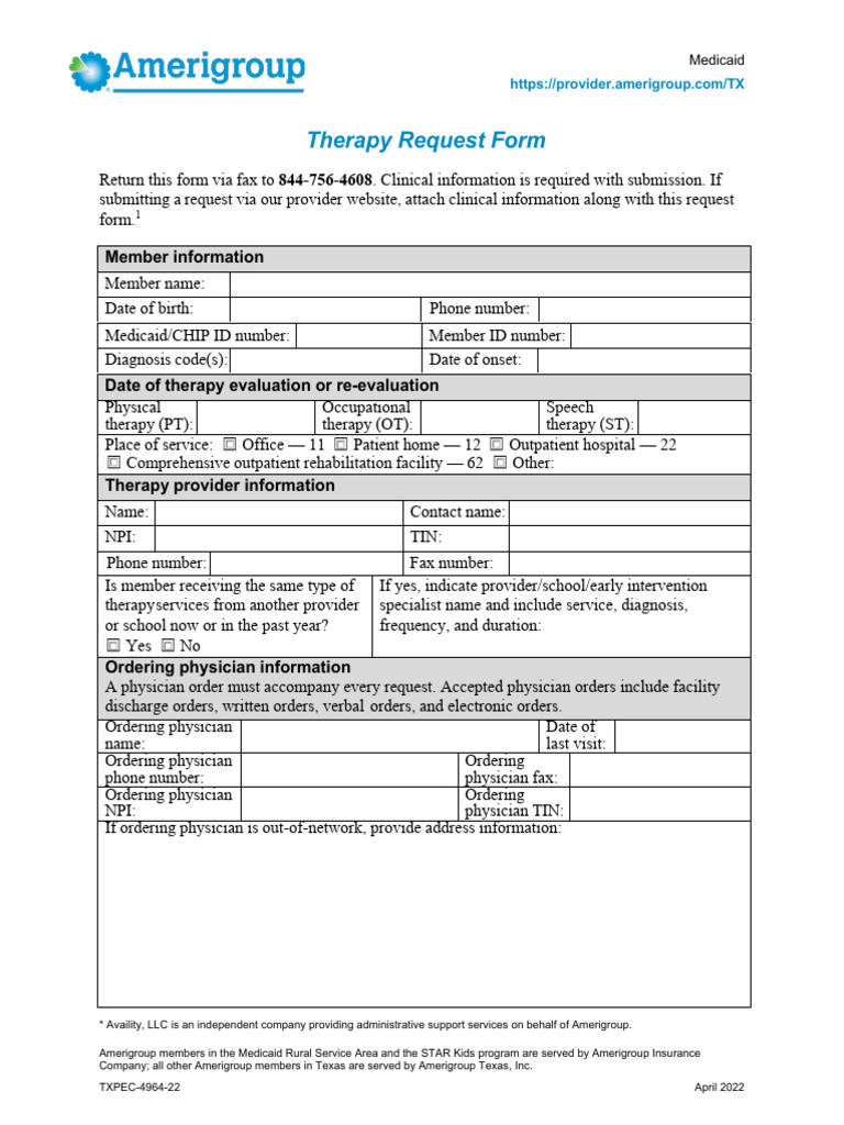 Amerigroup Auth Form- April 2022 | PDF | Physical Therapy | Medical Specialties