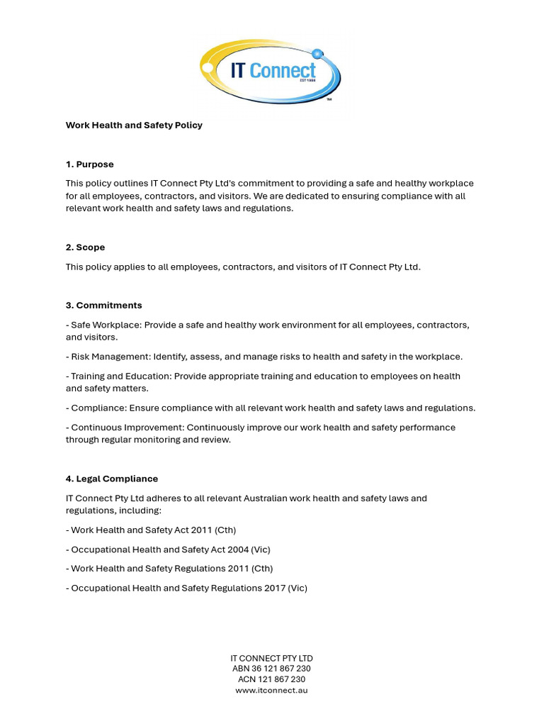 IT Connect Work Health Safety Policy | PDF | Occupational Safety And ...