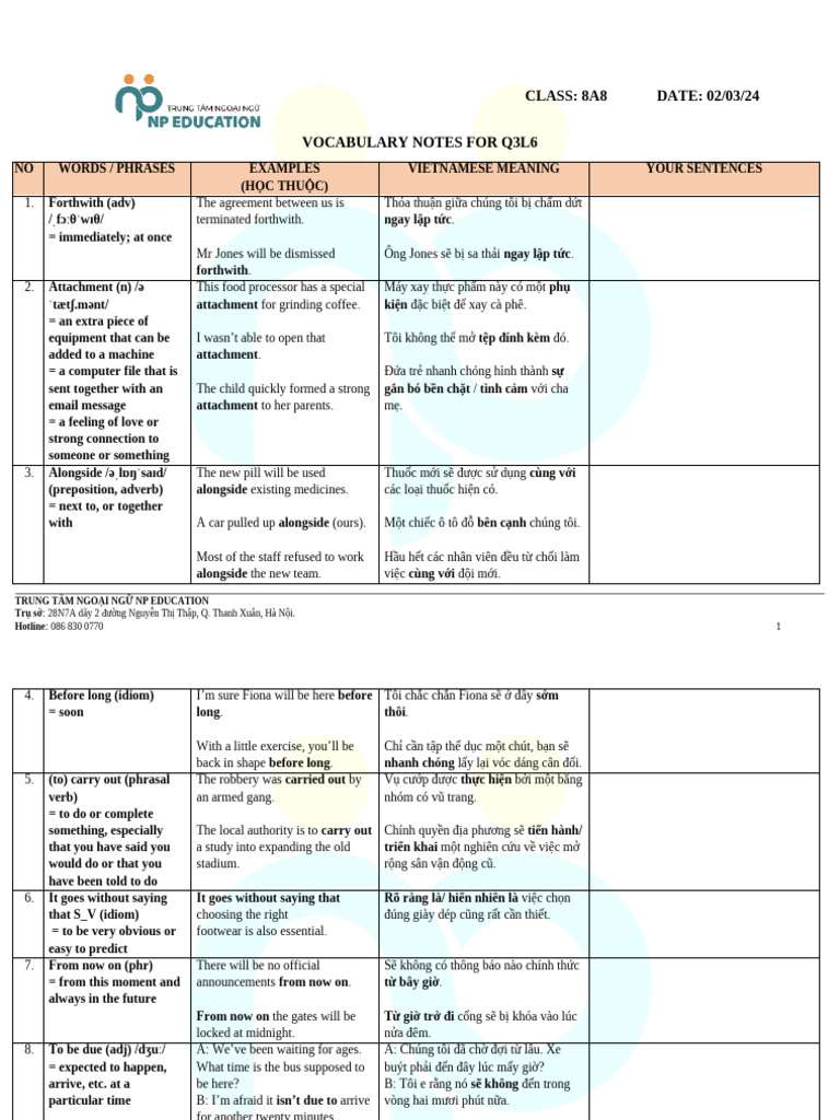 8a8 Q3L6 Vocab Notes | PDF