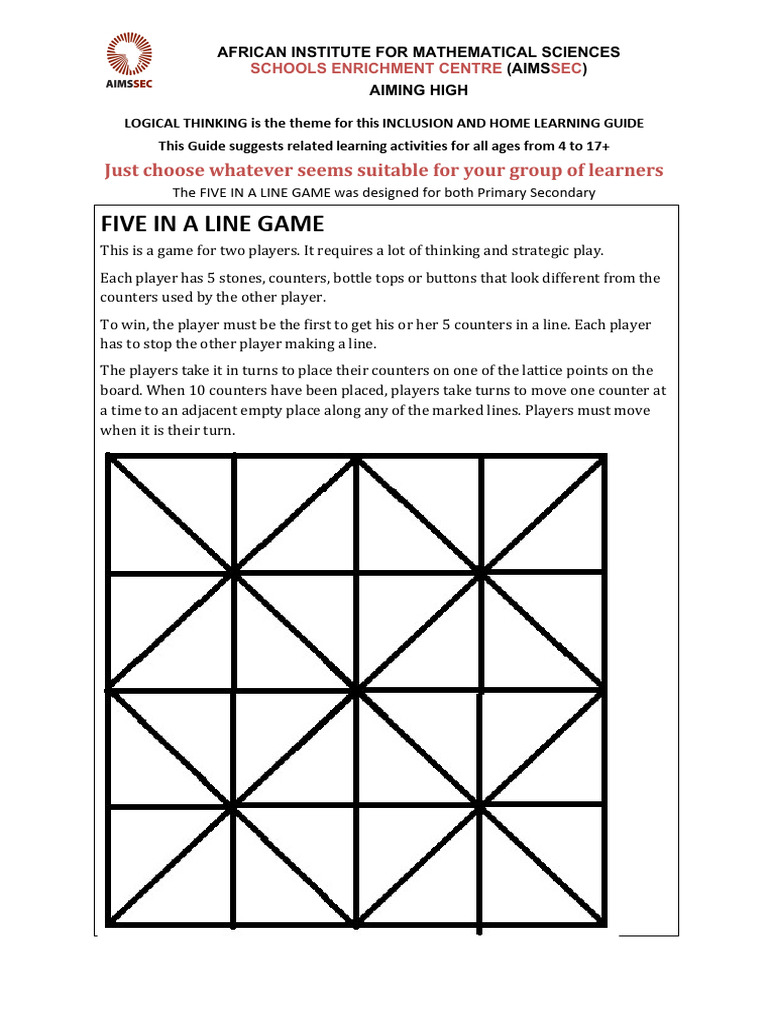 FIVE in A LINE GAME Inclusion and Home Learning Guide | PDF | Cognition ...