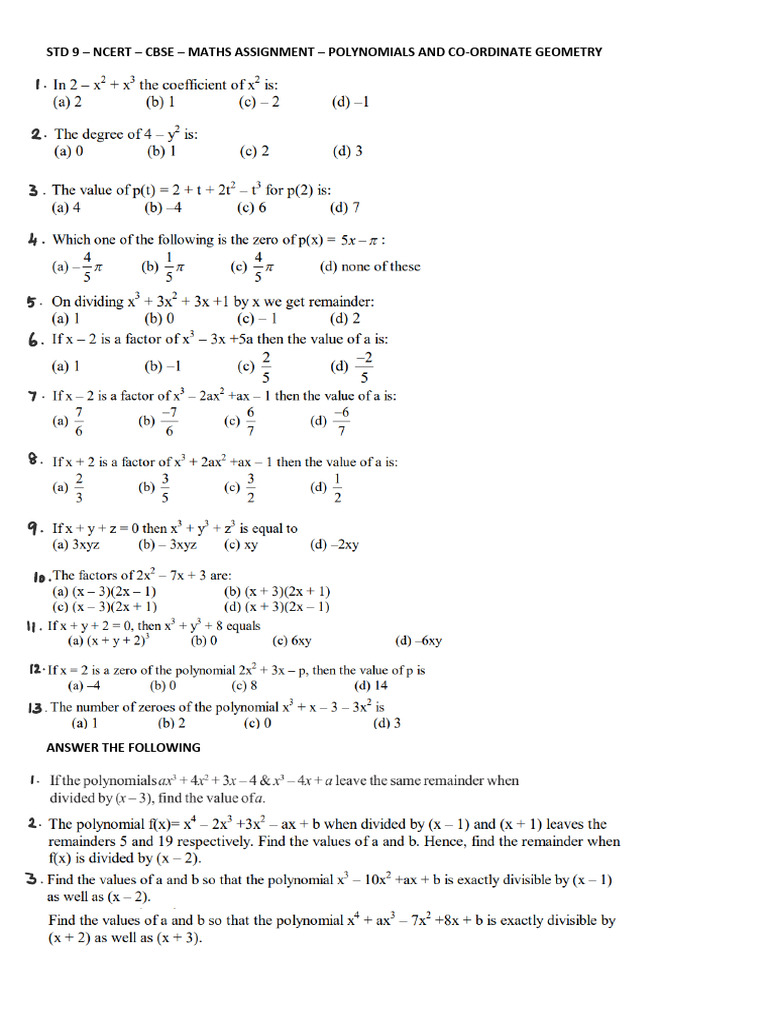POLYNOMIALS STD 9 | PDF
