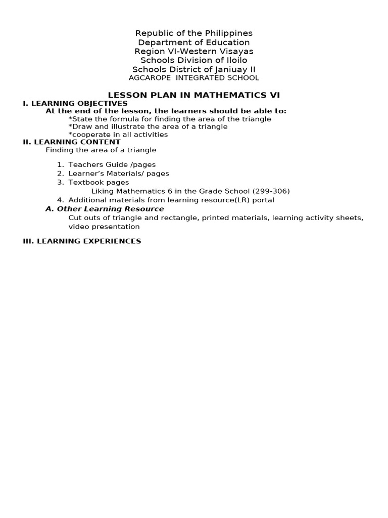 CO Lesson plan | PDF | Area | Triangle