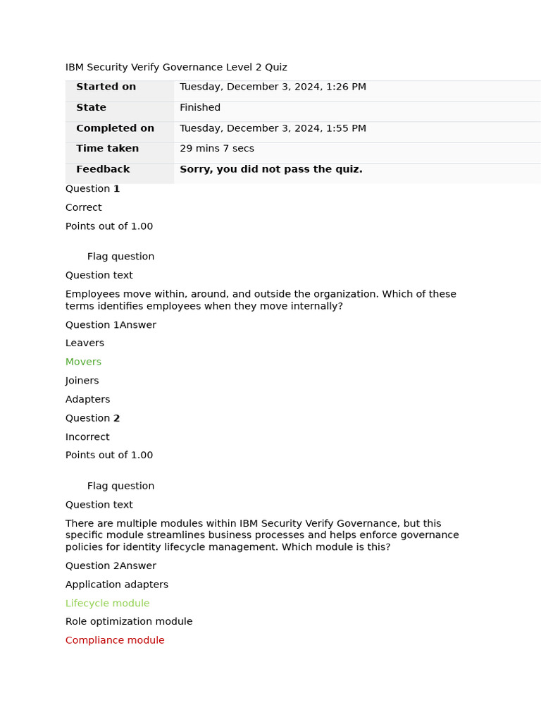 IBM Security Verify Governance Level 2 Quiz | PDF | Cloud Computing | Audit