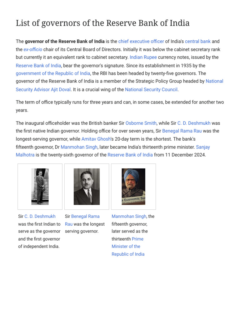 List of governors of the Reserve Bank of India - Wikipedia | PDF ...