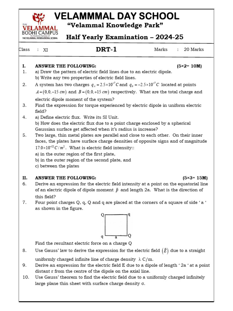 DRT-1 XI TH Physics - 23-12-2024 | PDF | Electric Field | Physical ...