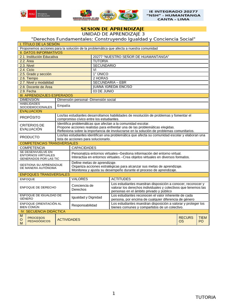 1° Ses Act 3 U3 - Tutoria 2024 | PDF | Evaluación | Aprendizaje