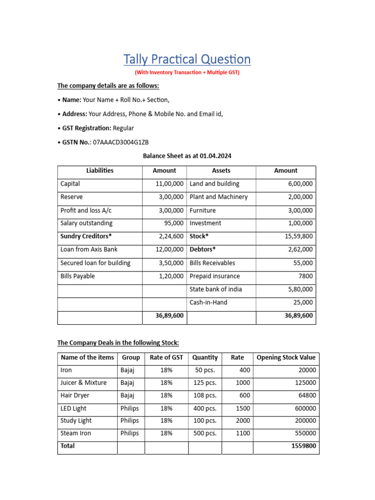 Tally Practical Question | PDF | Financial Services | Money