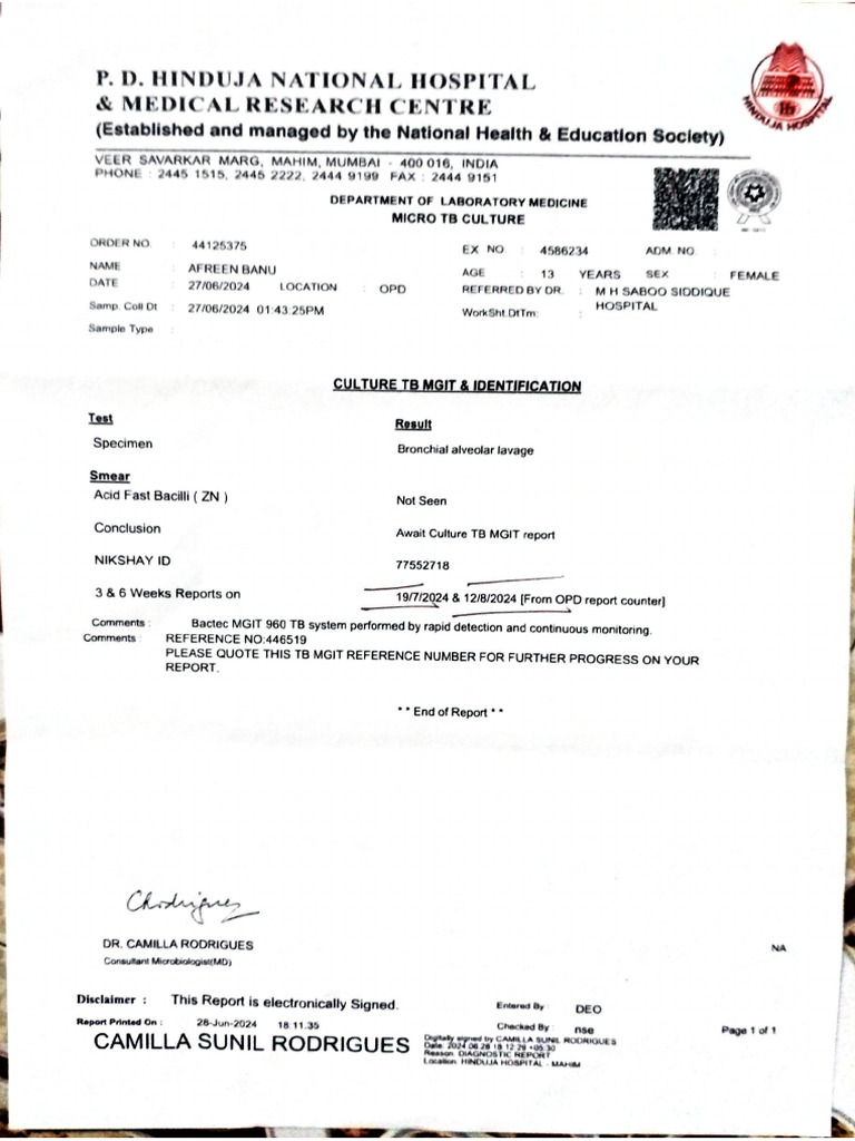 Micro TB Culture Test Report | PDF