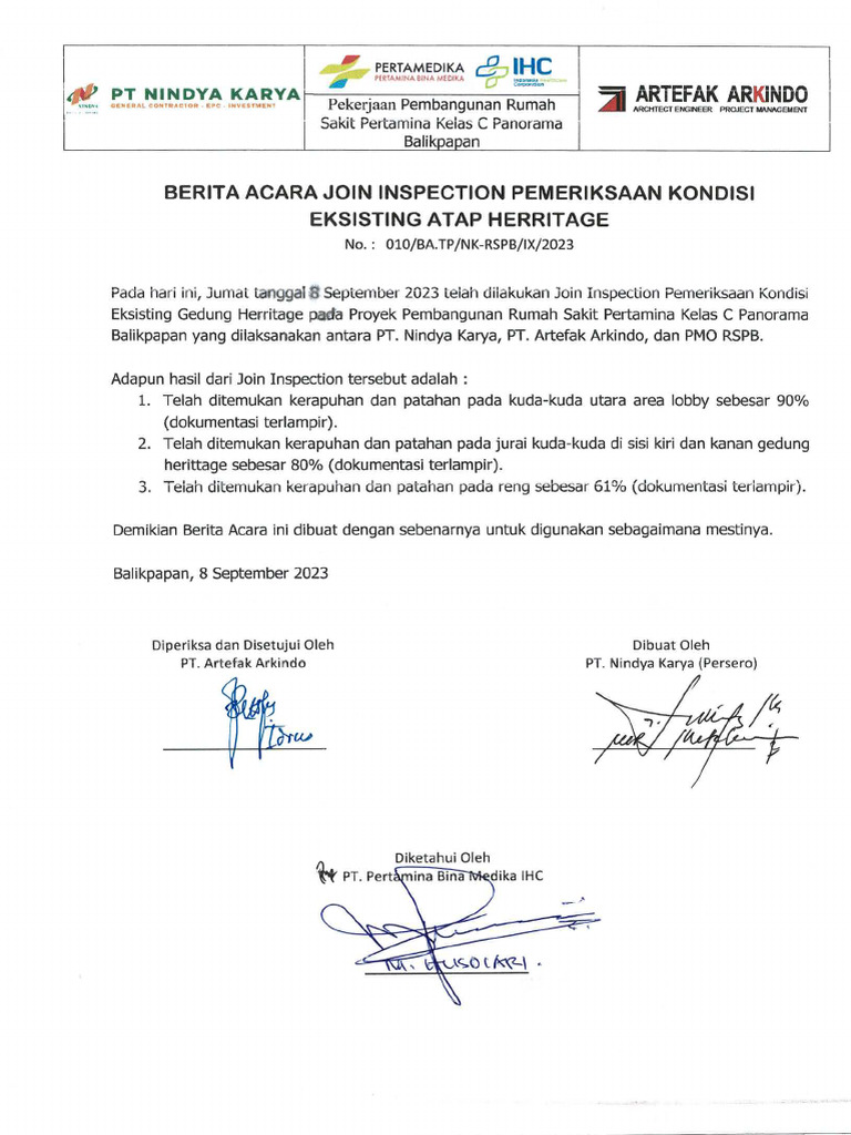 10-BA Berita Acara Join Inspection Pemeriksaan Kondisi Eksisting Atap ...