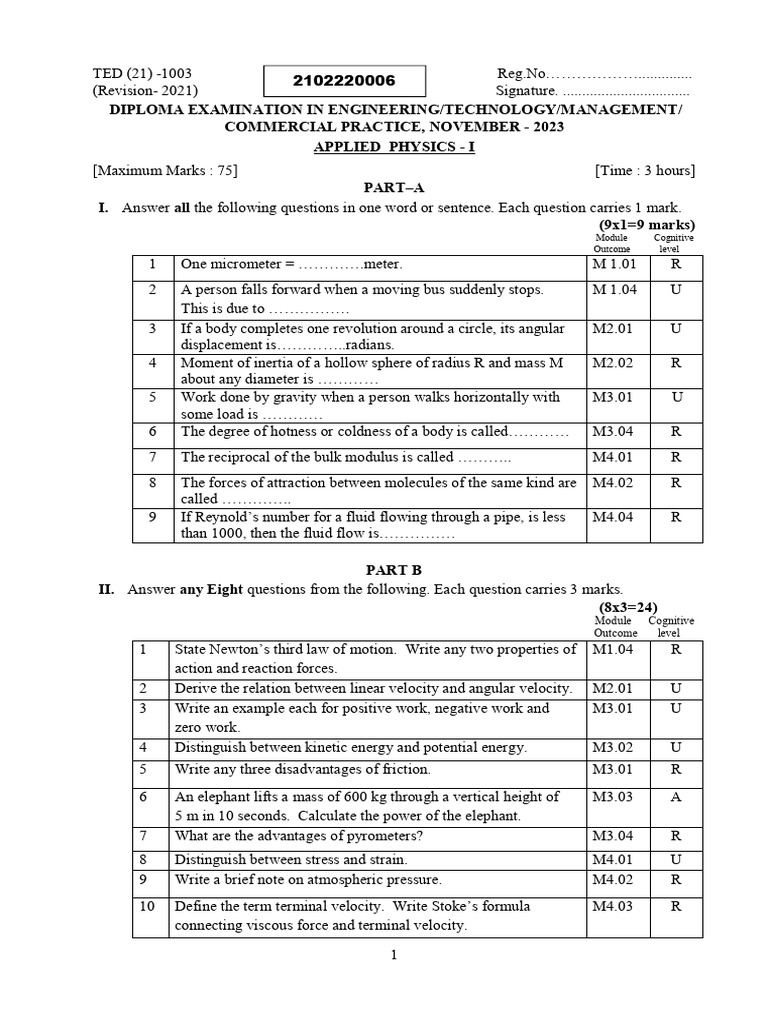 Applied Physics I N23 R21 1003A | PDF | Force | Momentum