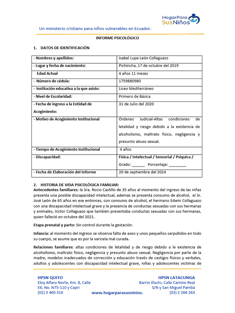 Informe Psicológico Lupe Leon | PDF | Las emociones | Abuso infantil