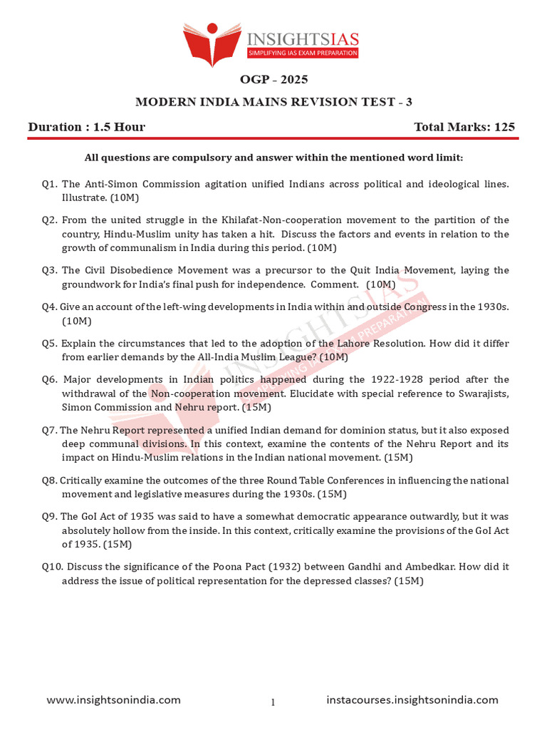 OGP-2025-Batch-8-Bengaluru-Modern India Mains Revision Test 3-QP | PDF ...