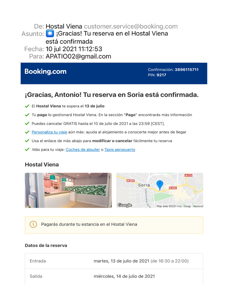 Reserva Confirmada en Hostal Viena Soria | PDF | Aplicación movil ...