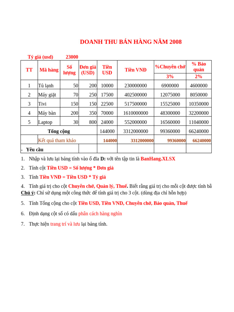 BAI TAP EXCEL (2) (1) | PDF
