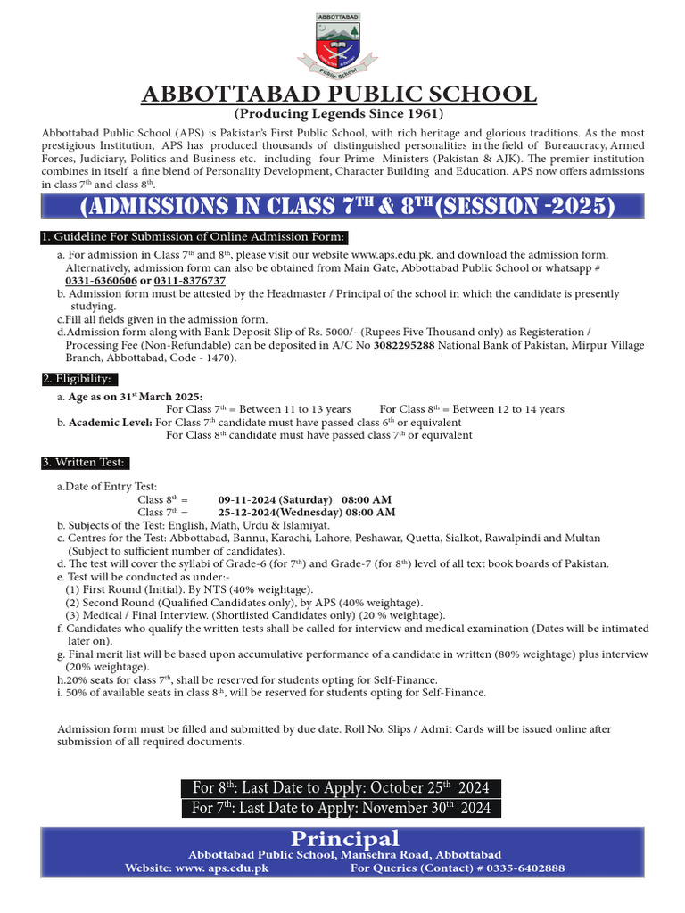 APS Admission 2025 for Class 7 & 8 | PDF