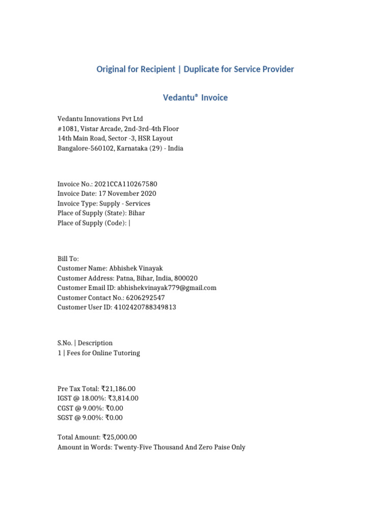 Vedantu BPO Invoice - Nov 2020 | PDF