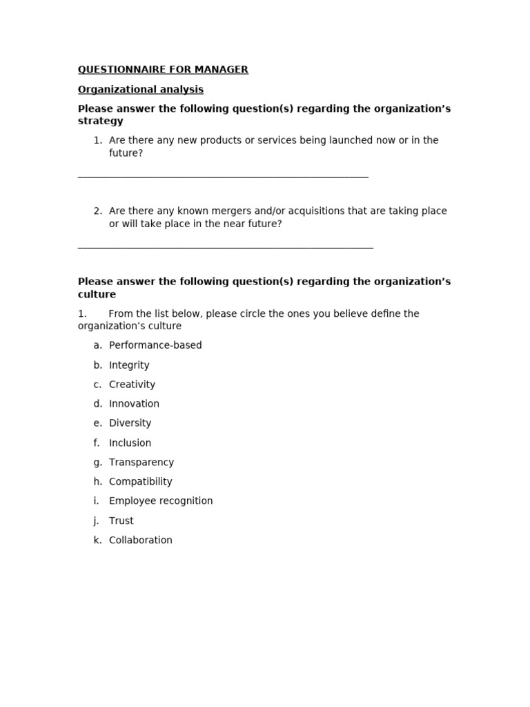 QUESTIONNAIRE FOR MANAGER | PDF