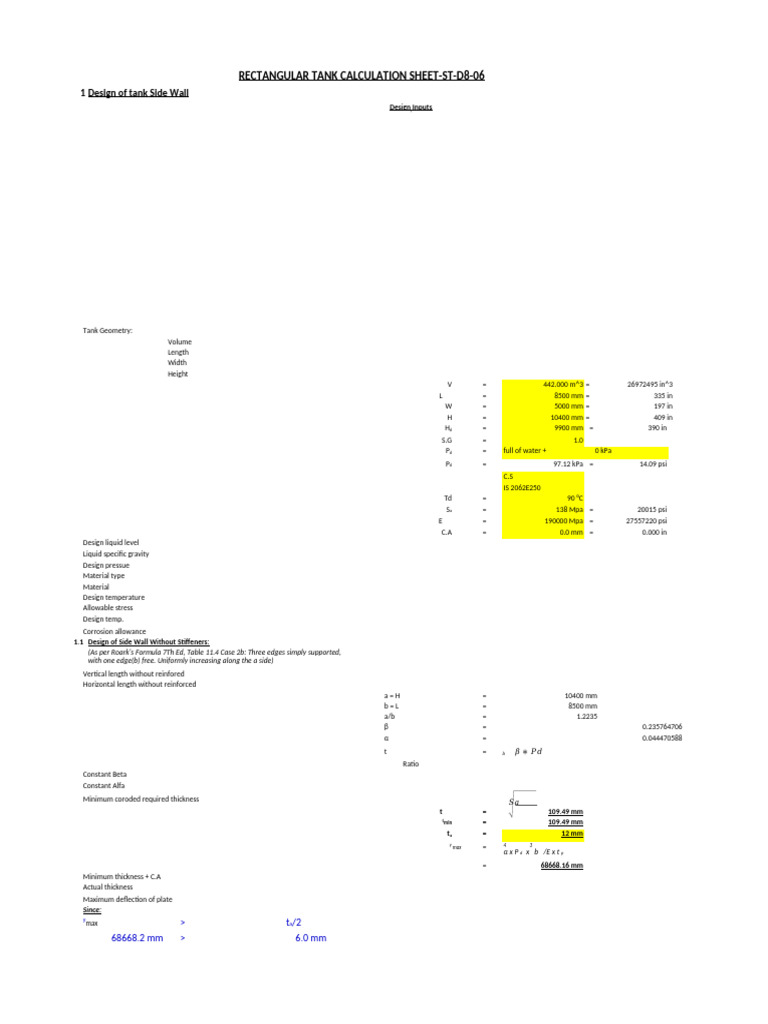 ST D8 06 - Rectangular Tank Calculation Roarks Formulas | PDF | Bending ...