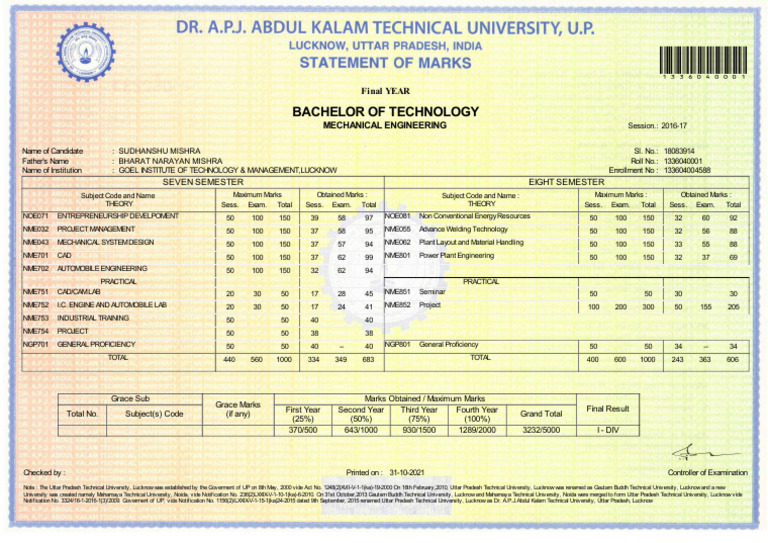 B.tech Marksheet PDF-redacted | PDF | Engineering