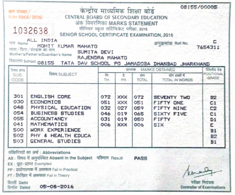Intermediate Marksheet | PDF