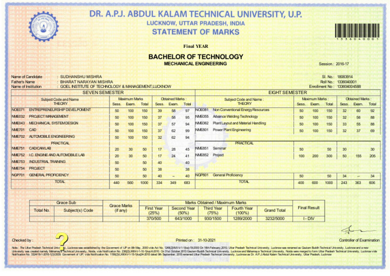 B.tech Marksheet pdf | PDF | Engineering