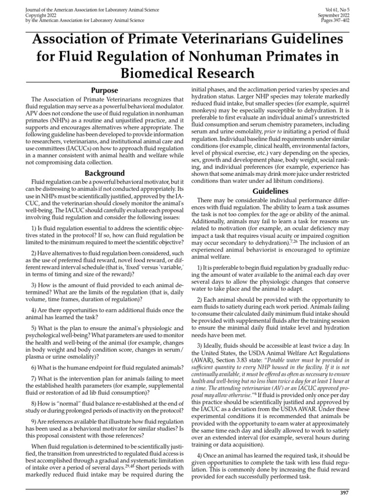 NHP Fluid Regulation Guidelines | PDF | Dehydration | Animal Welfare