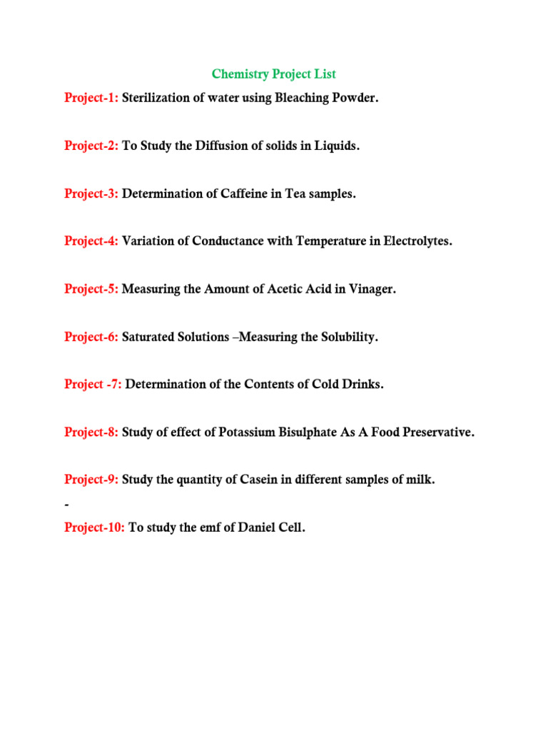 Chemistry Project Ideas List | PDF