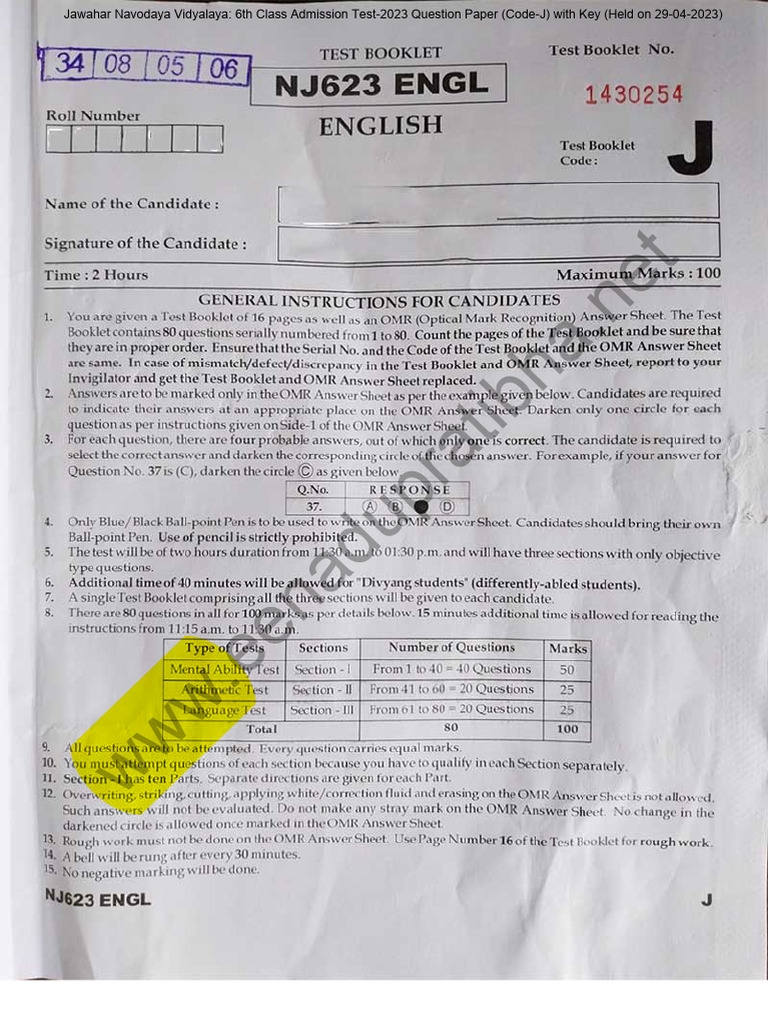 JNV 29-04-2023 Question Paper 1 | PDF