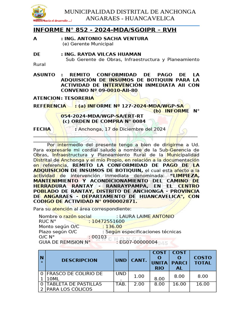 INFORME N° 852 - 2024 - REMITO CONFORMIDAD DE PAGO BOTIQUIN - RANTAY | PDF | Ciclo menstrual ...