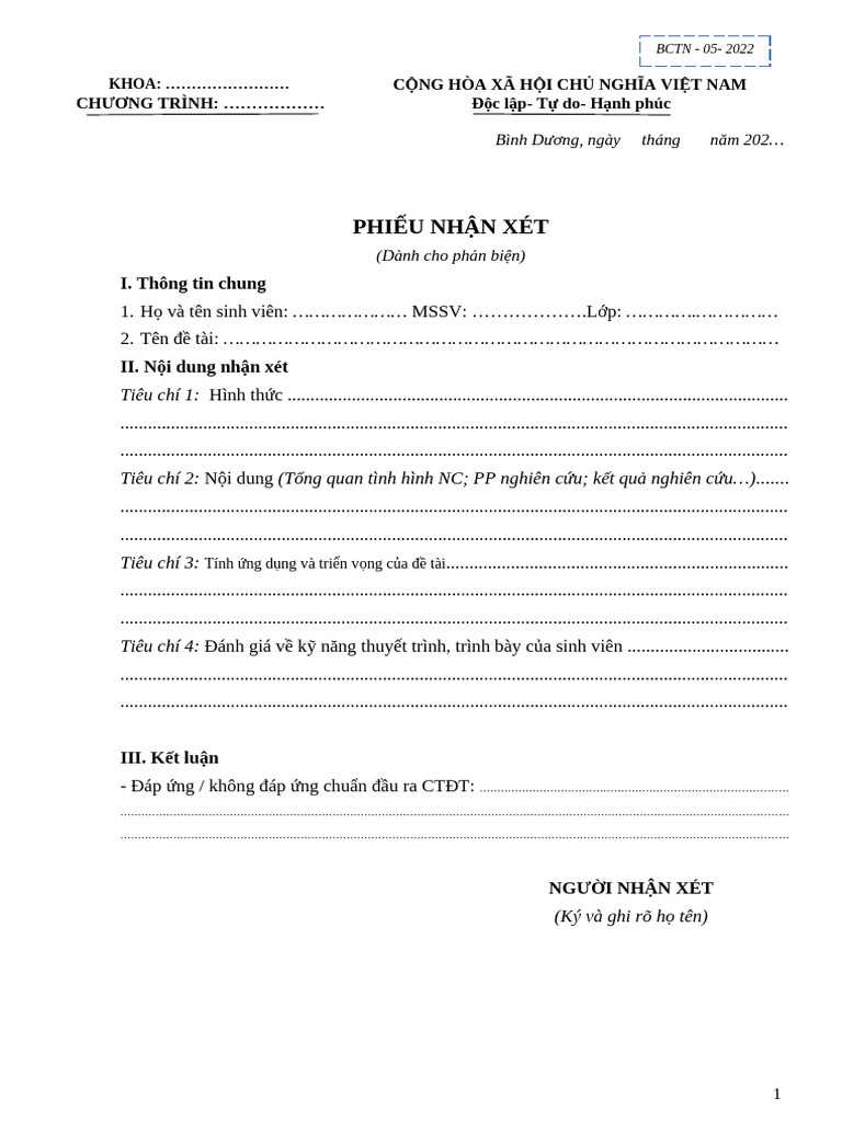 BM 05 Nhan Xet Phan Bien | PDF