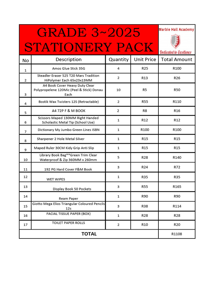 Grade 3 Stationery Pack 2025-1 | PDF