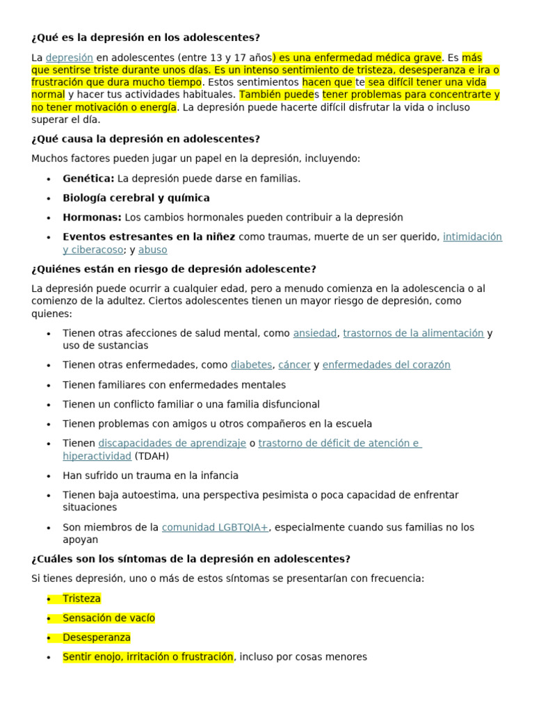 Qué Es La Depresión en Los Adolescentes J Resumen de Ladillos | PDF ...