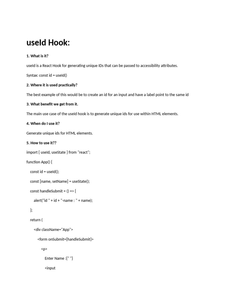 Using useId Hook in React for Unique IDs | PDF