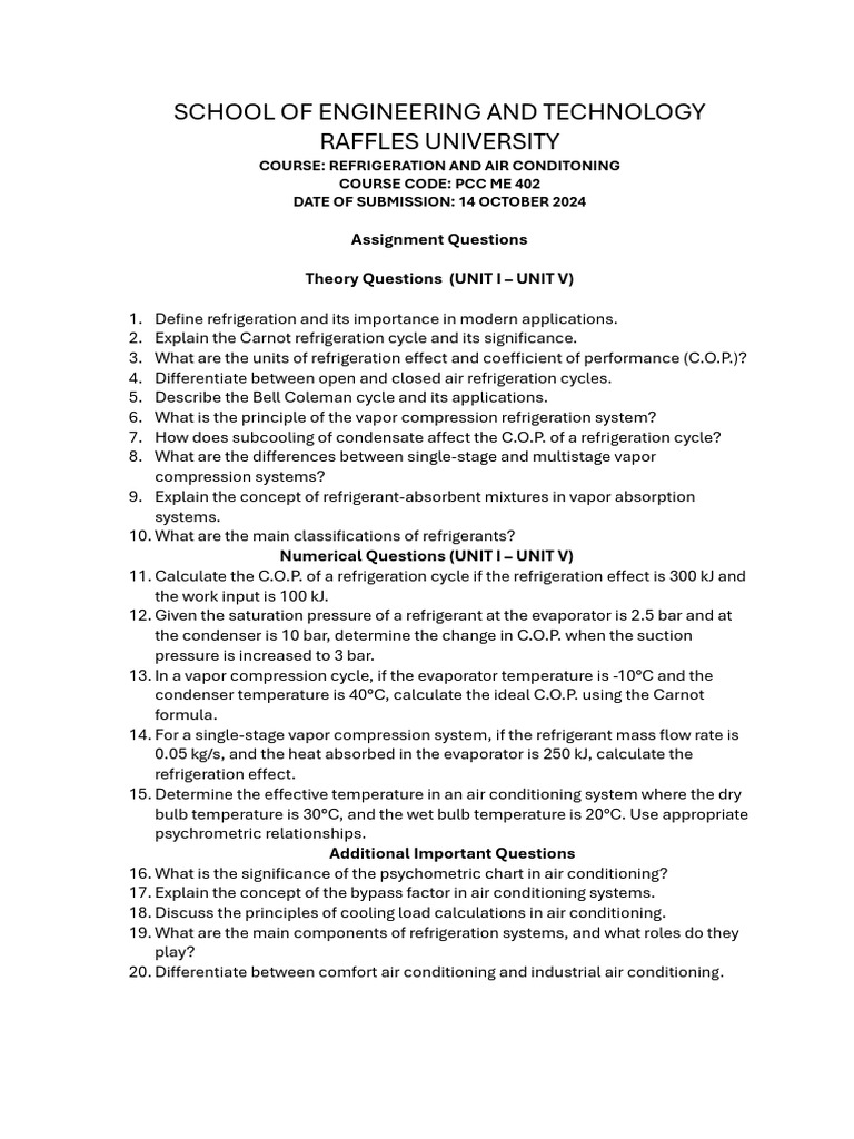 PCC ME 402 ASSIGNMENT | PDF | Refrigeration | Air Conditioning