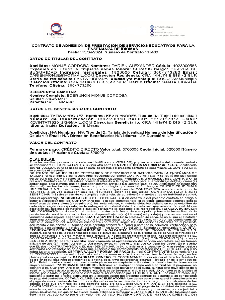 CONTRATO - PRESENCIAL - Centro de Idiomas Universal - Signed | PDF ...