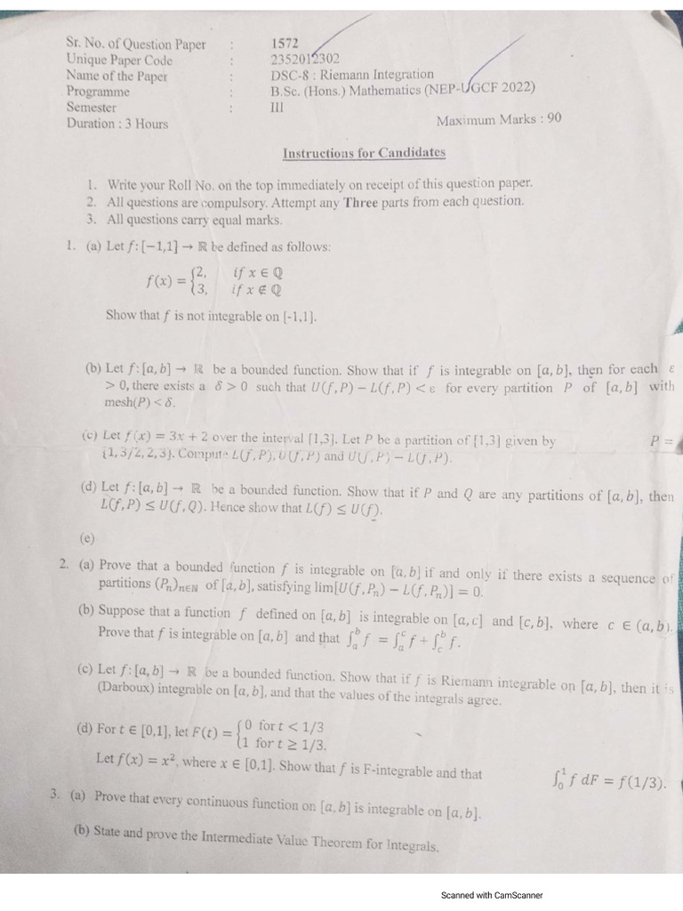 Riemann Integration PYQ DU | PDF