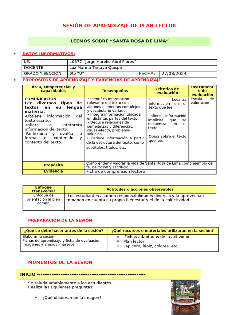 Sesion - Plan Lector - Santa Rosa de Lima | PDF | Evaluación | Aprendizaje
