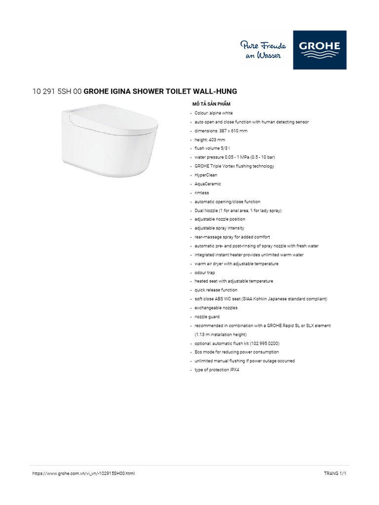 Grohe Igina Shower Toilet Manual | PDF