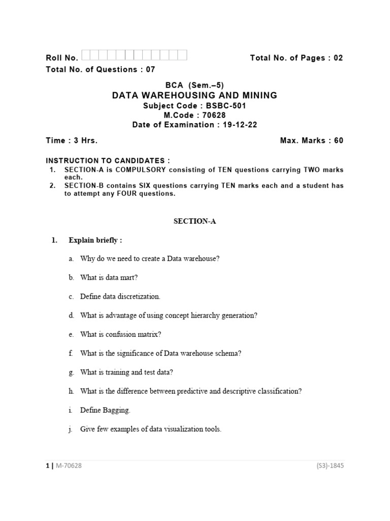 Bca 5 Sem Data Warehousing and Mining 70628 Dec 2022 | PDF