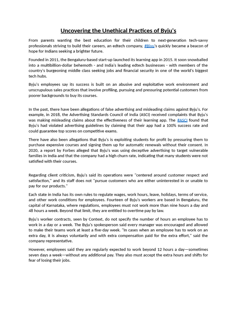 Byju's Unethical Practices Exposed | PDF | Employment | False Advertising