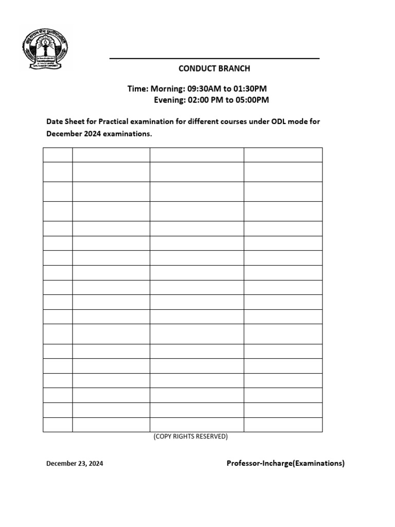 Practical Date Sheet Dec 2024 | PDF