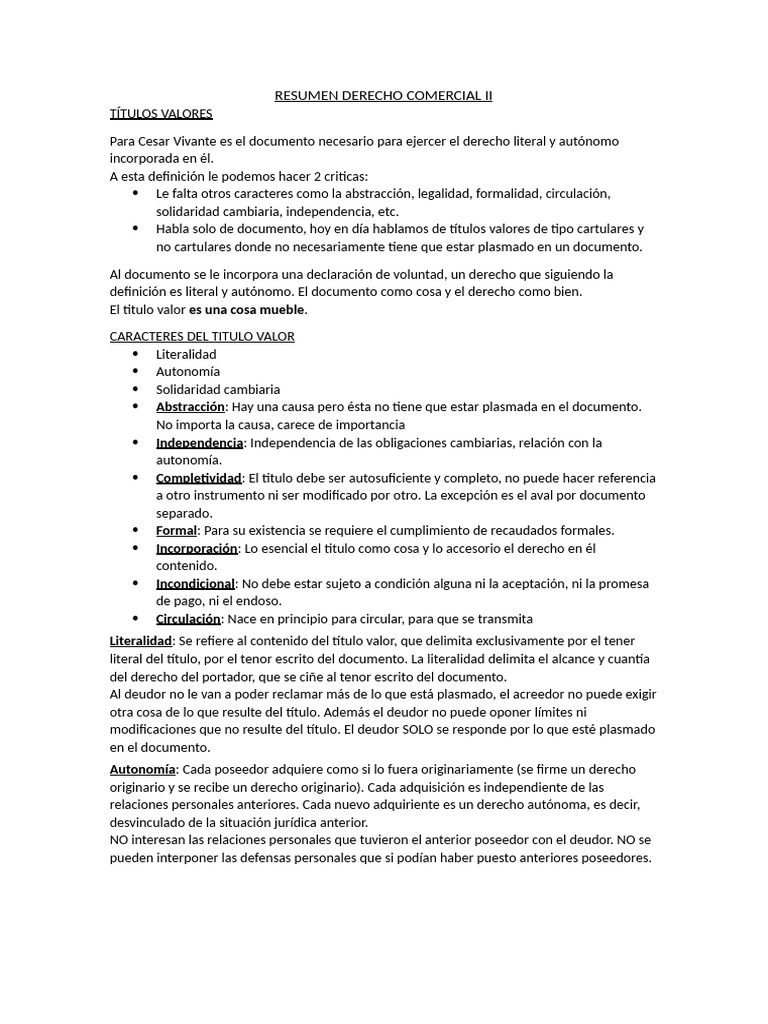 RESUMEN DERECHO COMERCIAL II | PDF | Pagaré | Cheque