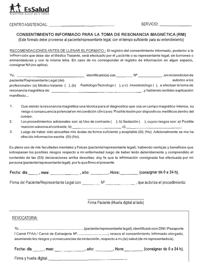 Consentimiento Informado para RM ESSALUD | PDF | Consentimiento ...