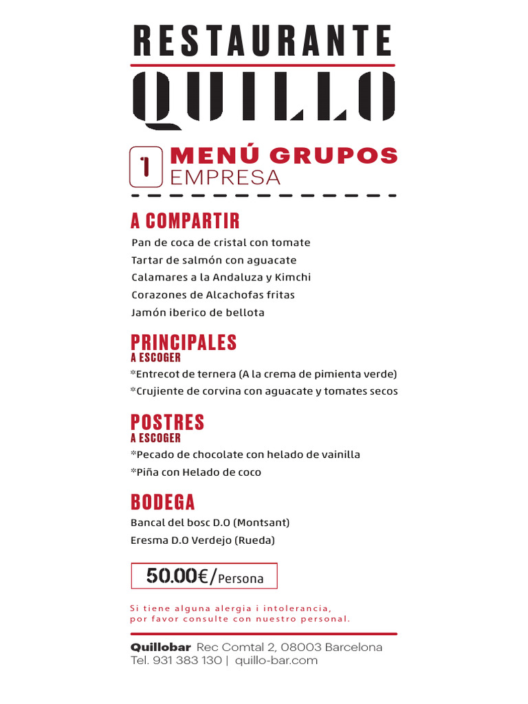 Menú de Grupo en Quillobar Barcelona | PDF