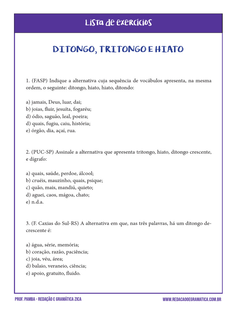 Ditongo, Tritongo e Hiato - Lista Extra de Exercícios | PDF ...