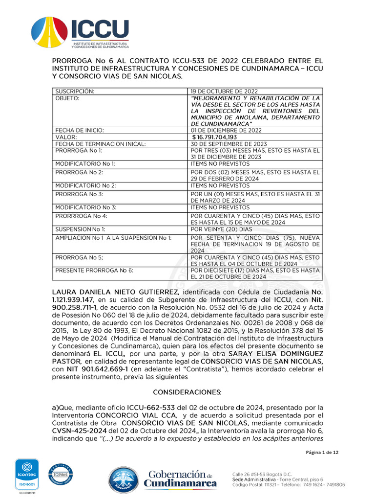PRORROGA No 6 CONTRATO No ICCU 533-2022. | PDF