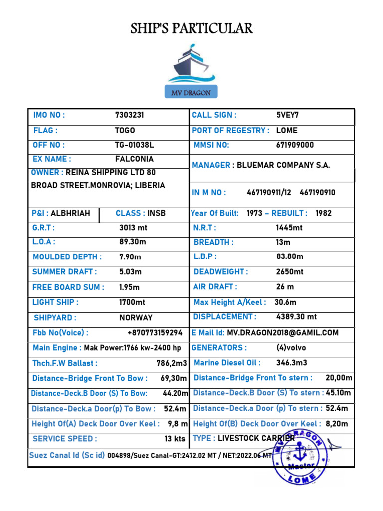 MV Dragon Livestock Carrier Specs | PDF