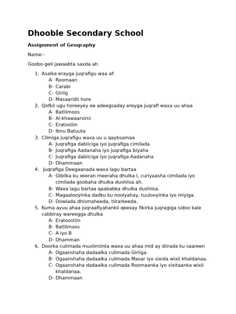 Geography Form One Assignment 1 | PDF
