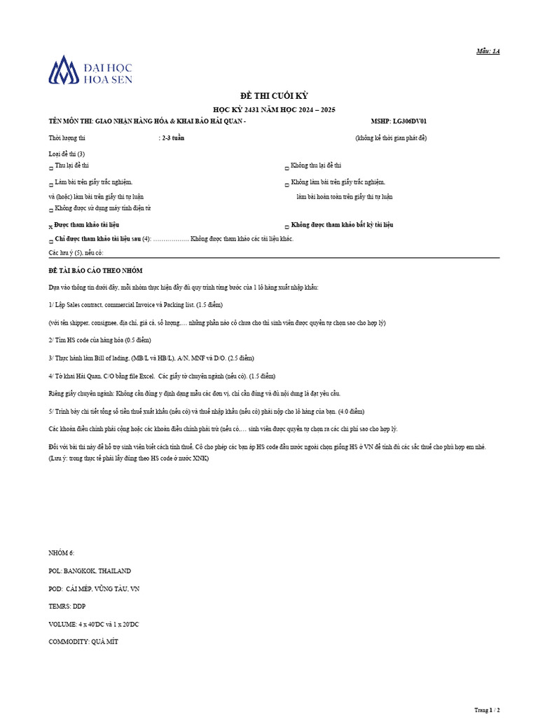 Đề Thi GNHH KBHQ HK 2431 | PDF