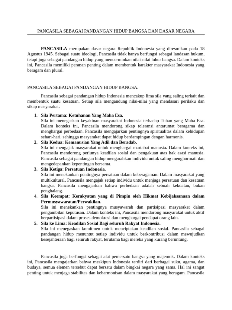Pancasila Sebagai Pandangan Hidup Bangsa Dan Dasar Negara | PDF